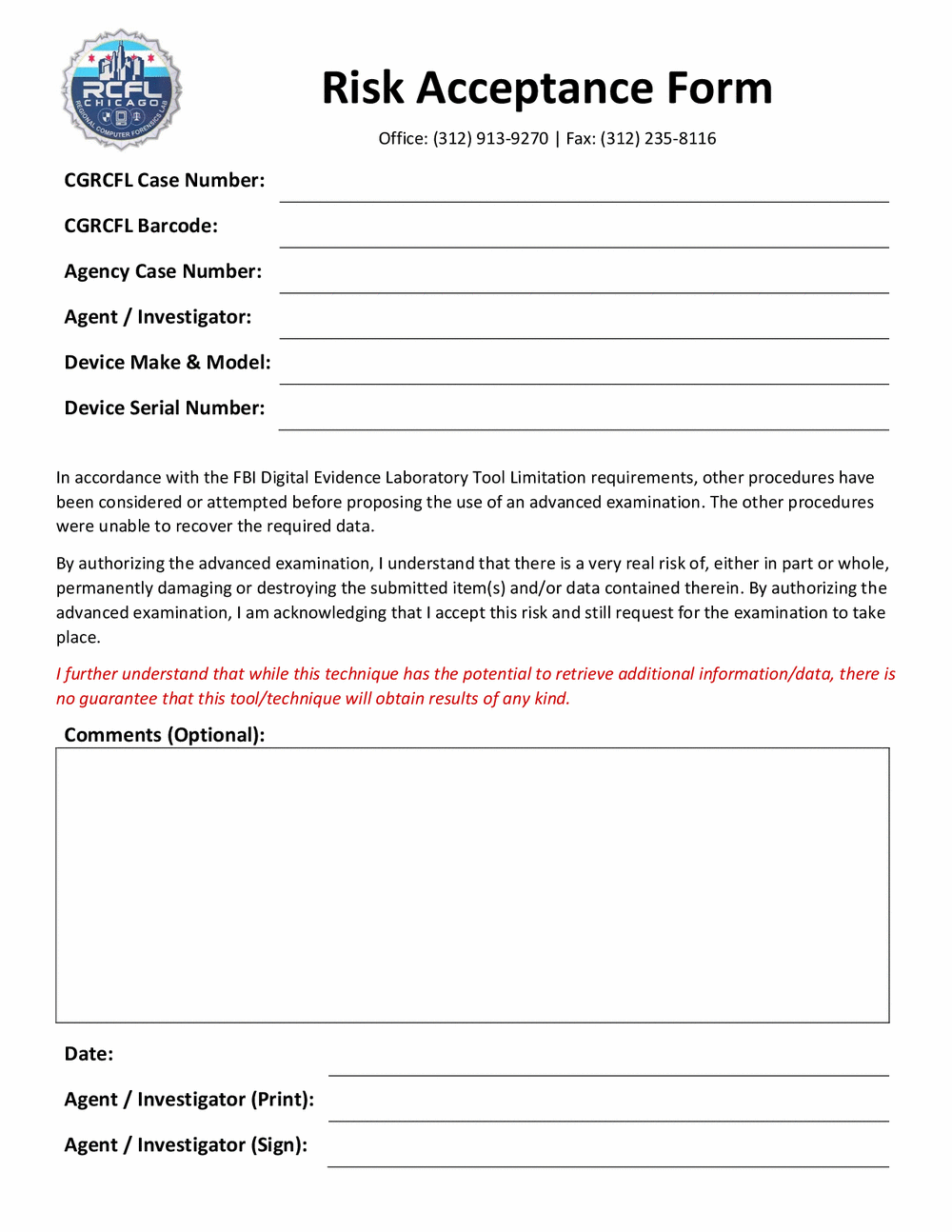 Risk Acceptance Form — RCFL Risk Acceptance Form — RCFL